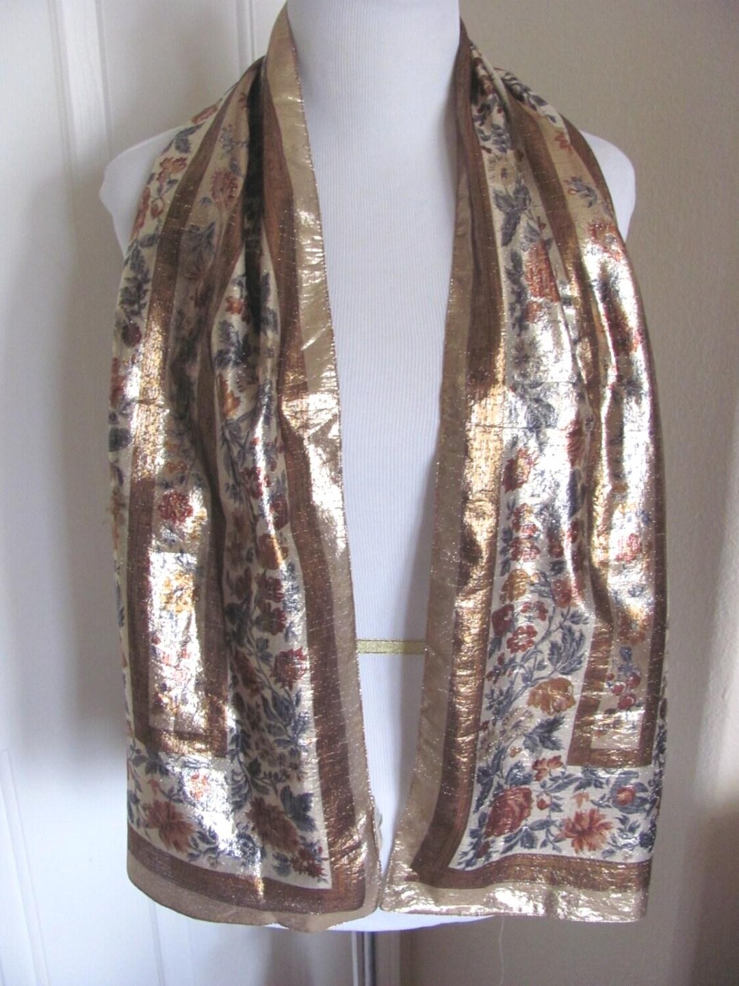 Beautiful Dillards Metallic Gold Floral Scarf - 11" X 56" Long - Made ...