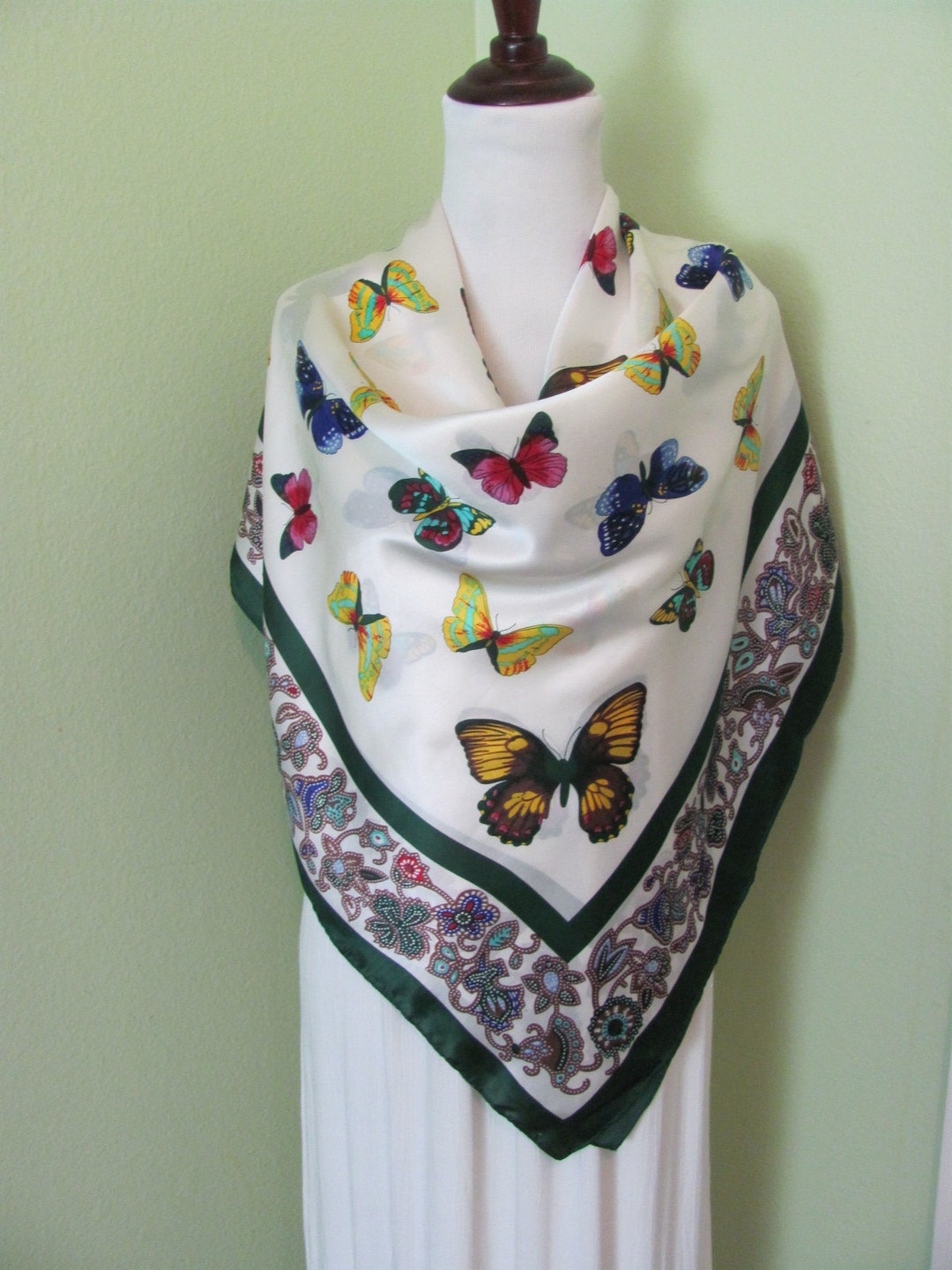 White Butterflies // Colorful Extra Large Soft Silk Scarf // 44 Inch ...