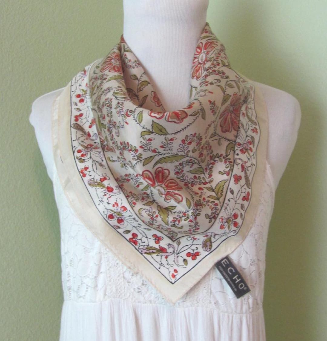 Echo // Beautiful Ivory Cream Floral Silk Scarf // 21" Inch 54cm Square ...