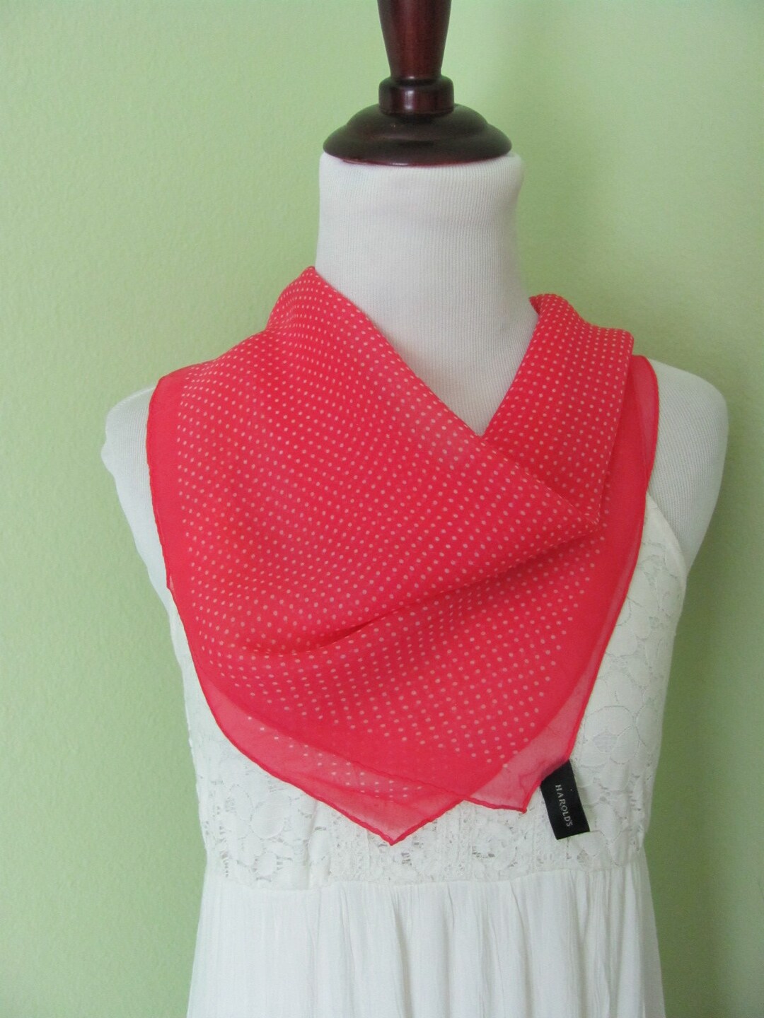 Harold's // Beautiful Pink White Dots Sheer Silk Scarf // 22 Inch 56cm ...