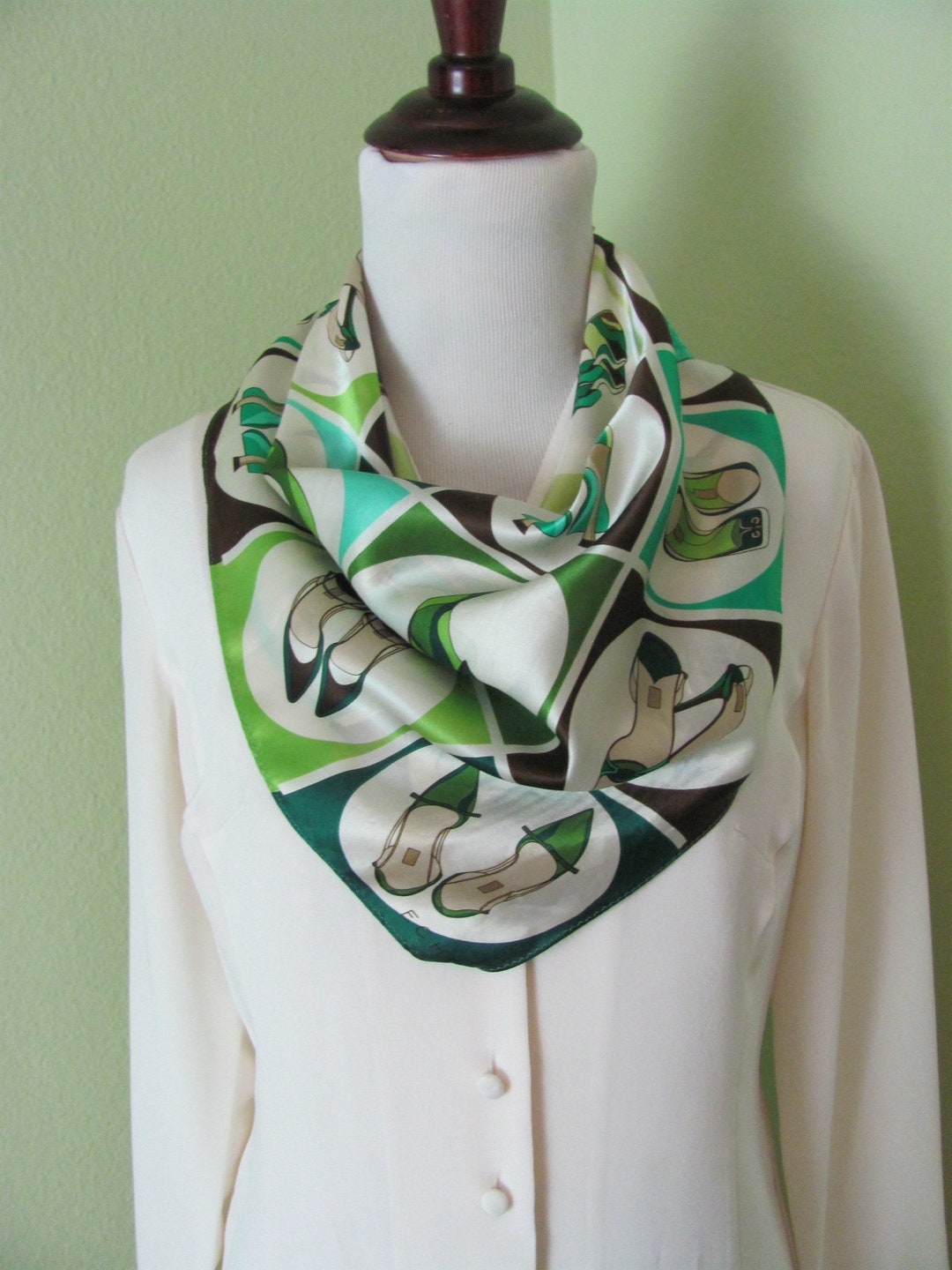 ECHO // Beautiful White Brown Green Shoes Purse Silk Scarf // 20 Inch ...