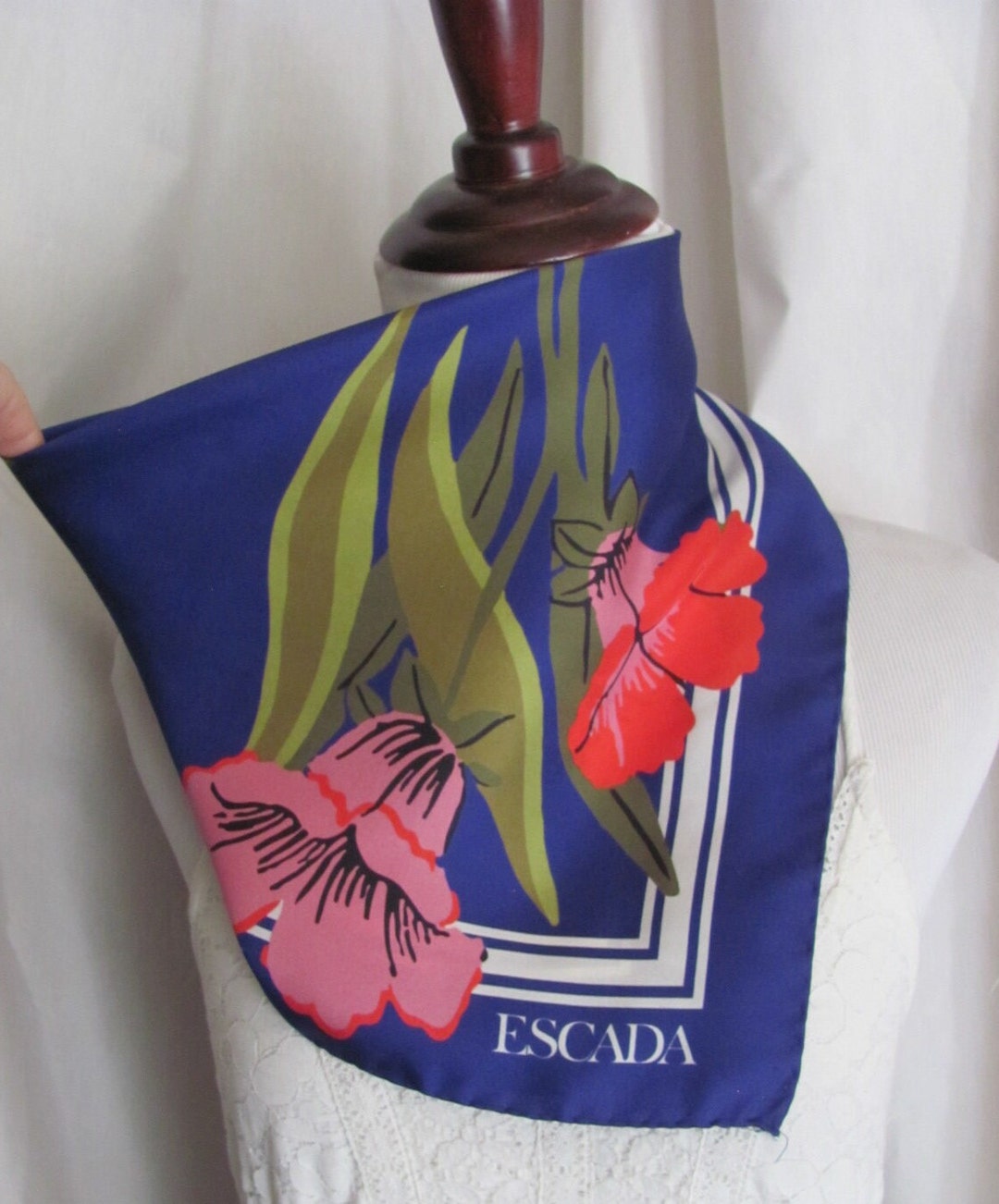 Escada // Vintage Blue Floral Small Silk Scarf // 18 46cm Square ...