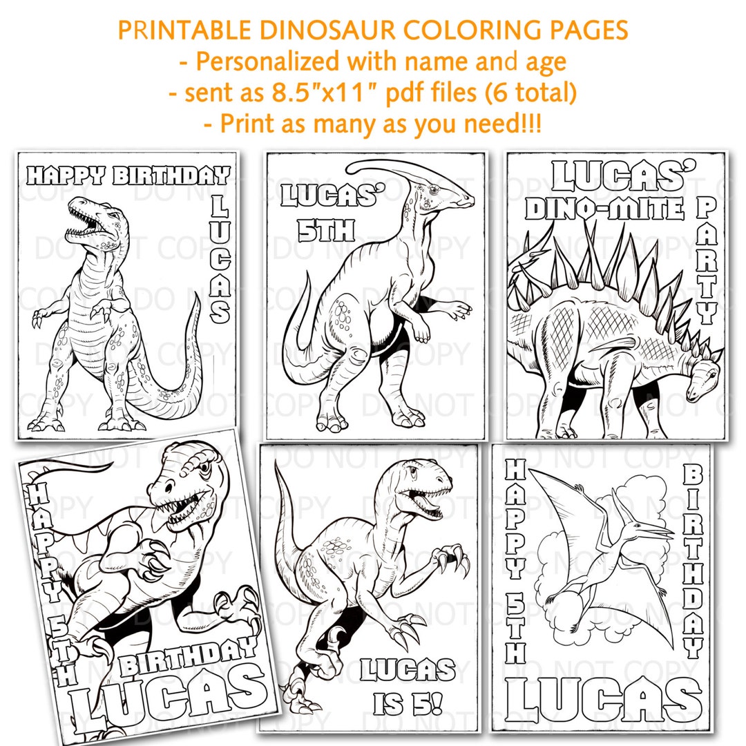 6 Printable PERSONALIZED Dinosaur Coloring Pages - Etsy