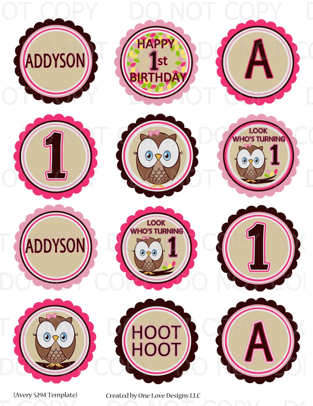 Printable Personalized Owl First Birthday Theme 2.5 Labels avery 5294 ...