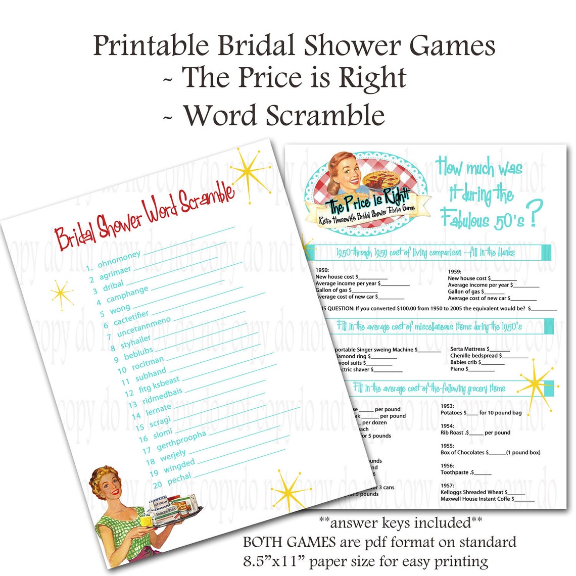 Printable Retro Housewife Themed Bridal Shower Games - Word Scramble ...