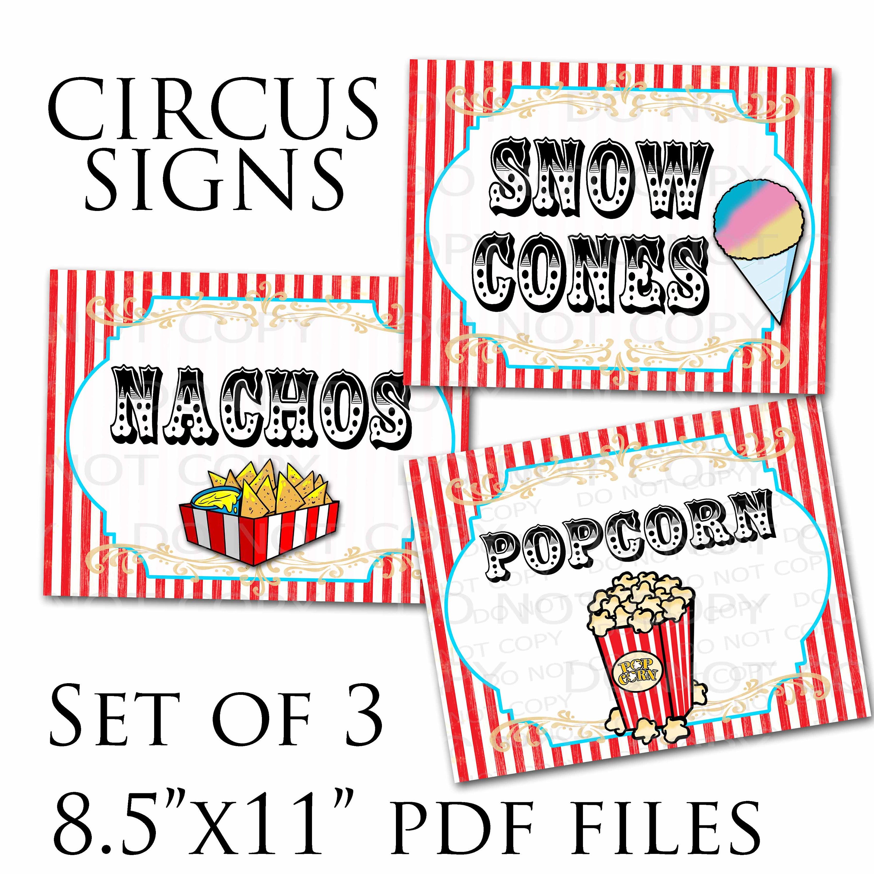Printable Vintage Circus Popcorn Snow Cones and Nacho Sign Set of 3 - 8 ...