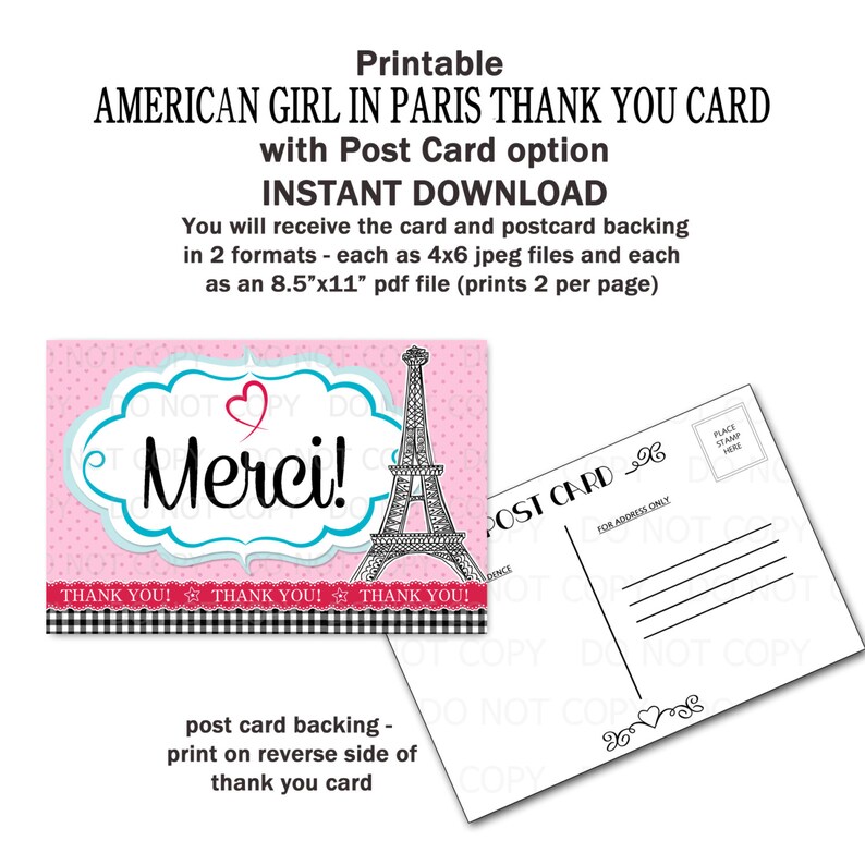 Printable Girl in Paris Merci Thank You Post Card INSTANT - Etsy