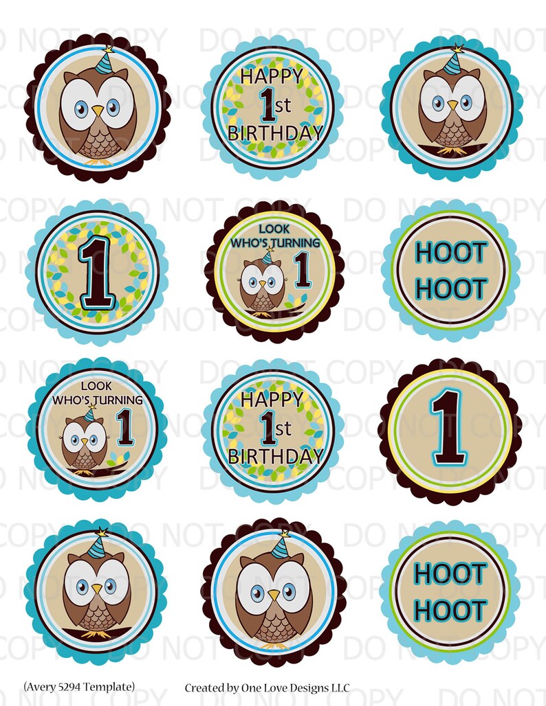 Printable DIY Owl First Birthday Theme 2.5 Labels avery | Etsy