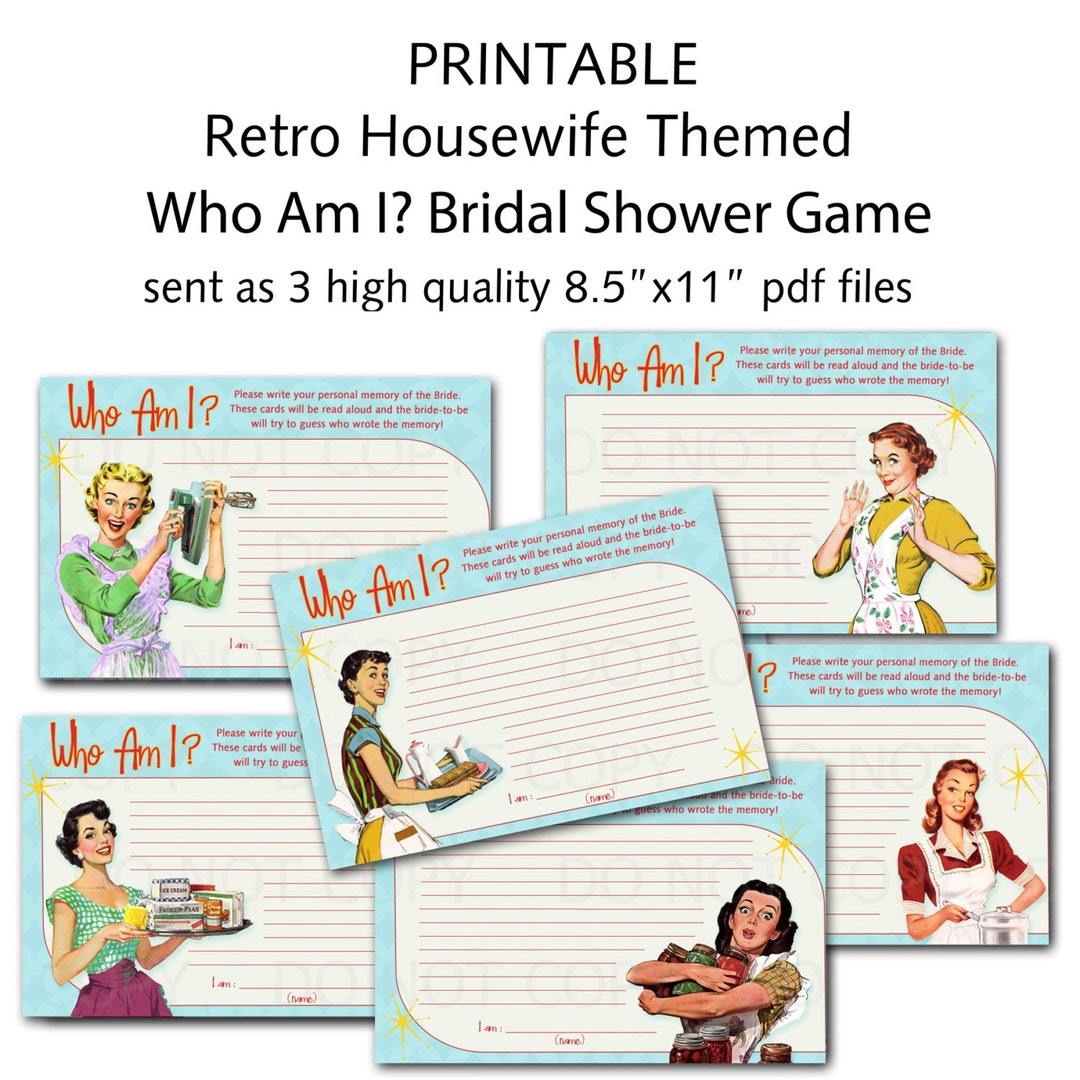 Printable 1950s Retro Housewife Bridal Shower Game Who Am I Set Of 6