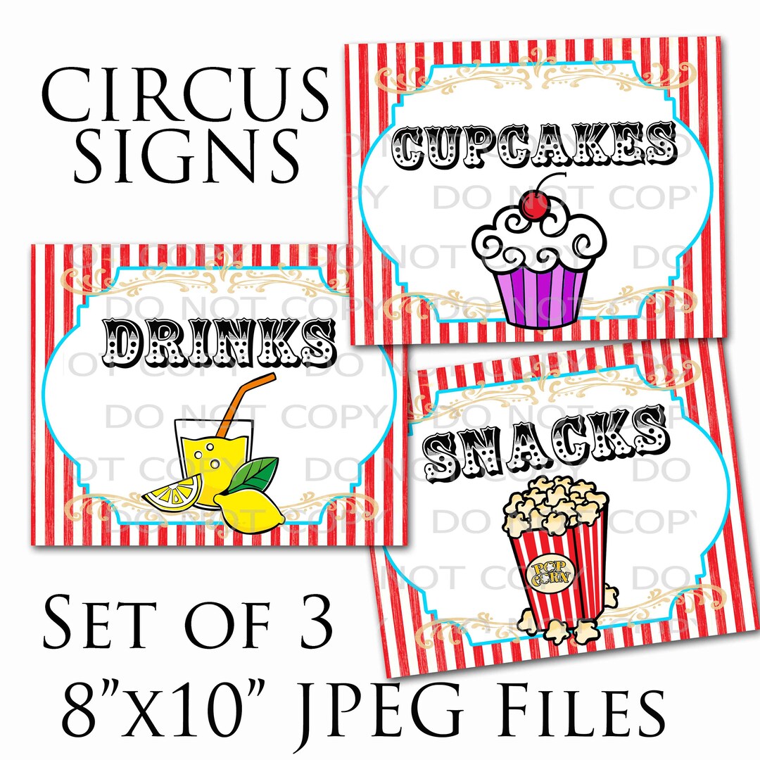 Printable Vintage Circus Snacks Drinks and Cupcakes Sign Set of 3 - 8 ...
