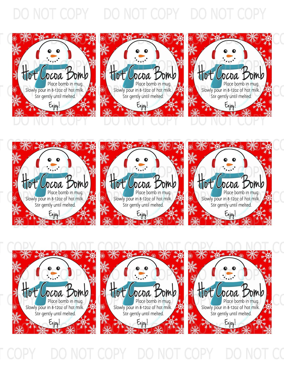 Printable Hot Cocoa Chocolate Christmas Snowman Tags - INSTANT DOWNLOAD ...