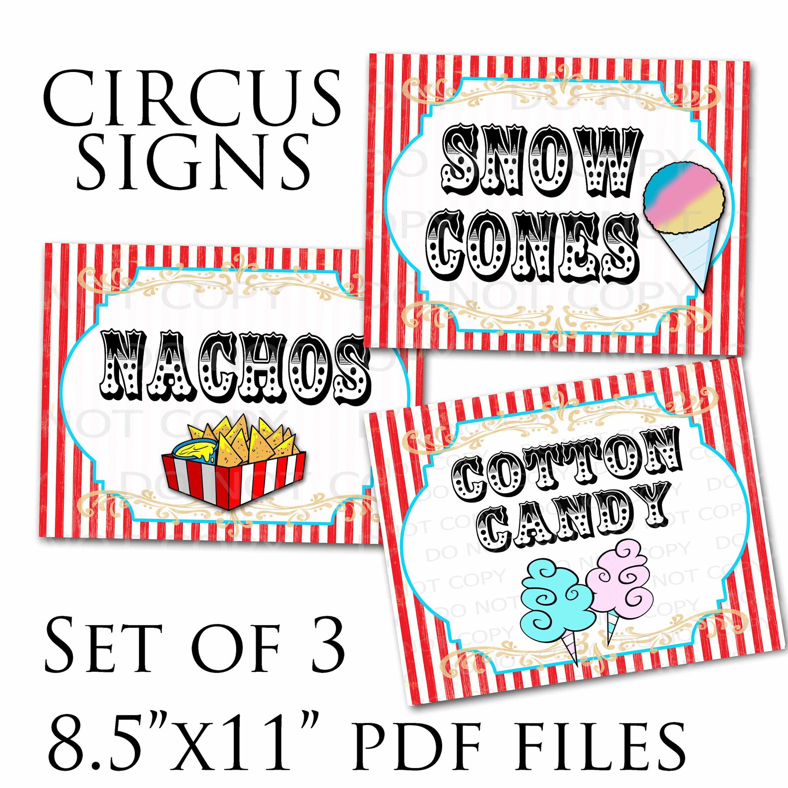 Printable Vintage Circus Cotton Candy Snow Cones and Nacho Sign Set of ...