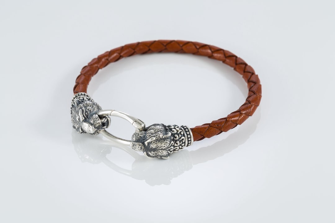 Men's Lion Head Bracelet: Braided Leather, Sterling Silver Clasp - Etsy