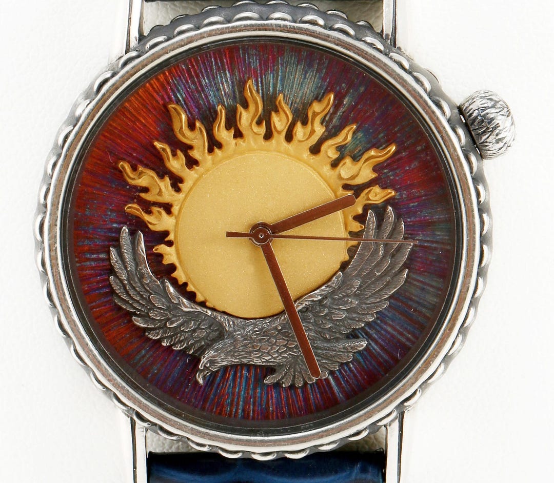 Handmade Sterling Silver Watch – Sun and Eagle Dial, Men's Wristwatch ...