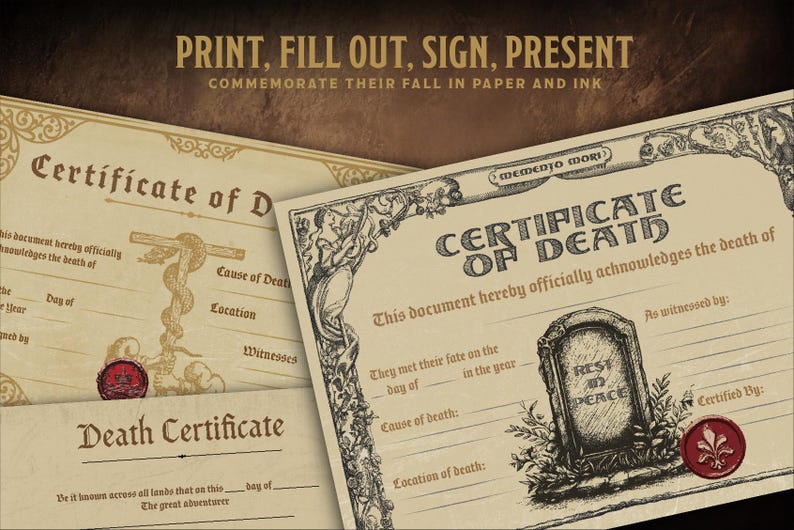 Fantasy Dnd/ttrpg Death Certificate – Clear Layout With Ornamental ...