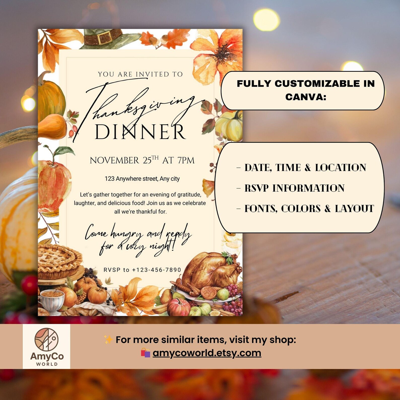 Thanksgiving Dinner Invitation Template | Editable Fall Family ...