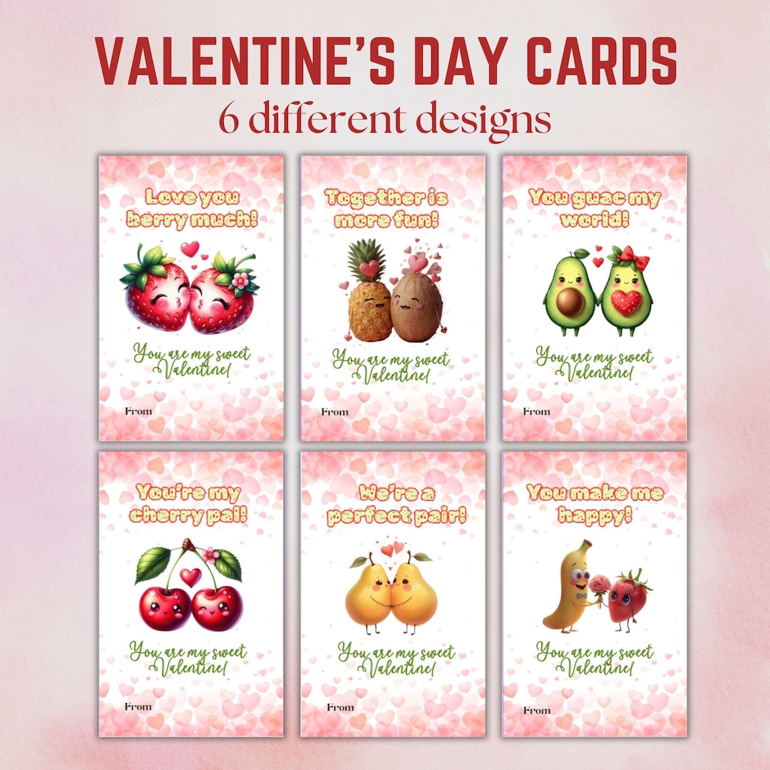 Valentine’s Day Cards for Kids With Fruit Characters | Printable ...