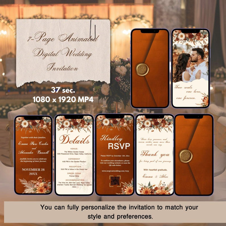 Invitación de boda animada en terracota / Invitación electrónica boho ...