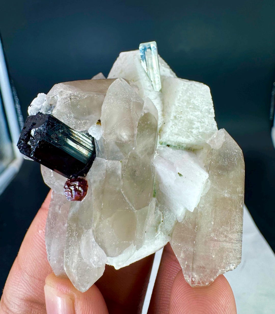 Spécimen combiné d'aigue-marine, de grenat rouge, de tourmaline et de ...
