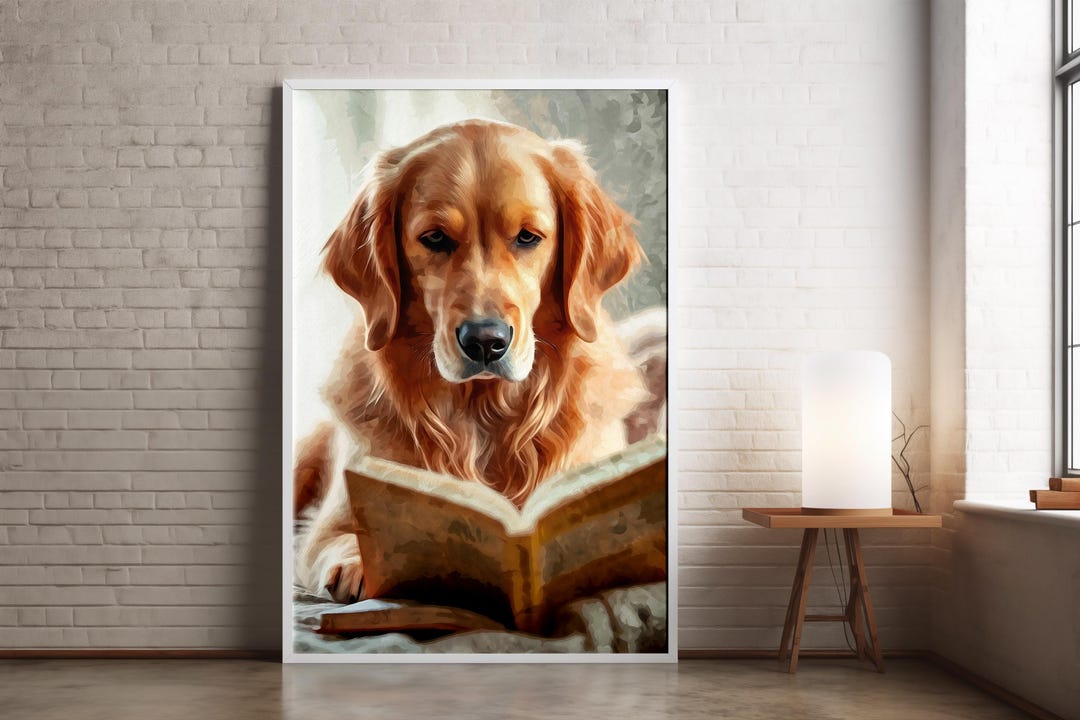 Reading Golden Retriever Art Print: Bookish Puppy Watercolor (digital ...