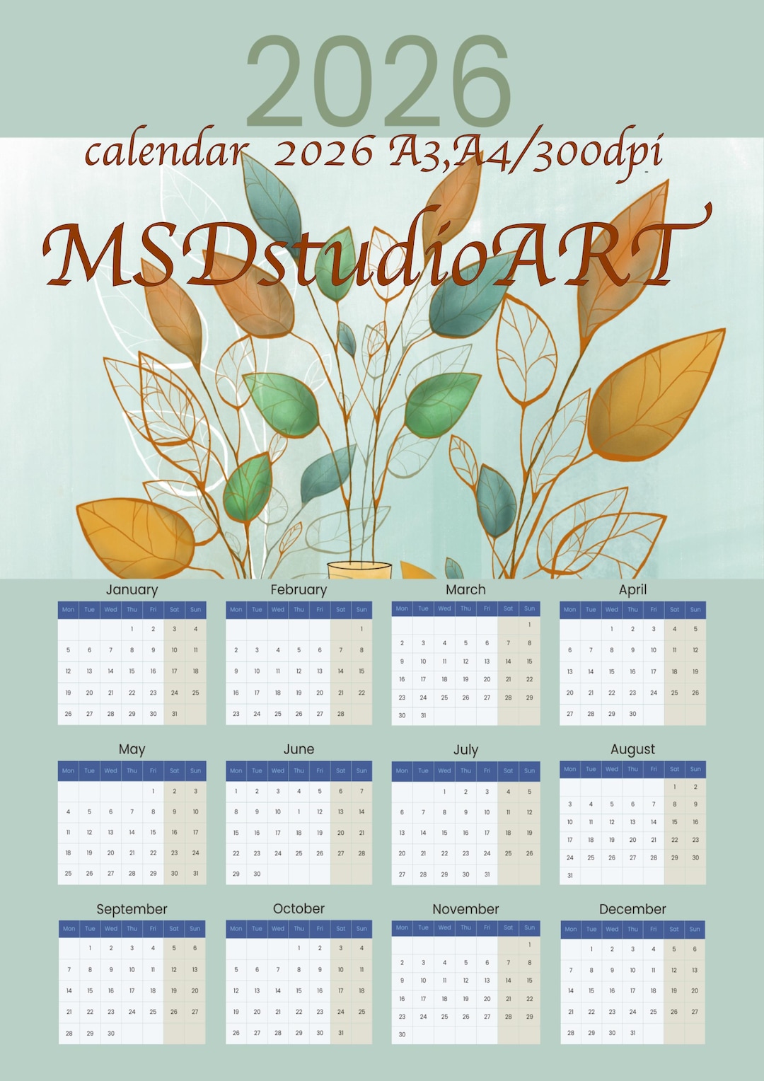 2026 Yearly Calendar Poster, Botanical Wall Calendar, Modern Leaf Art ...