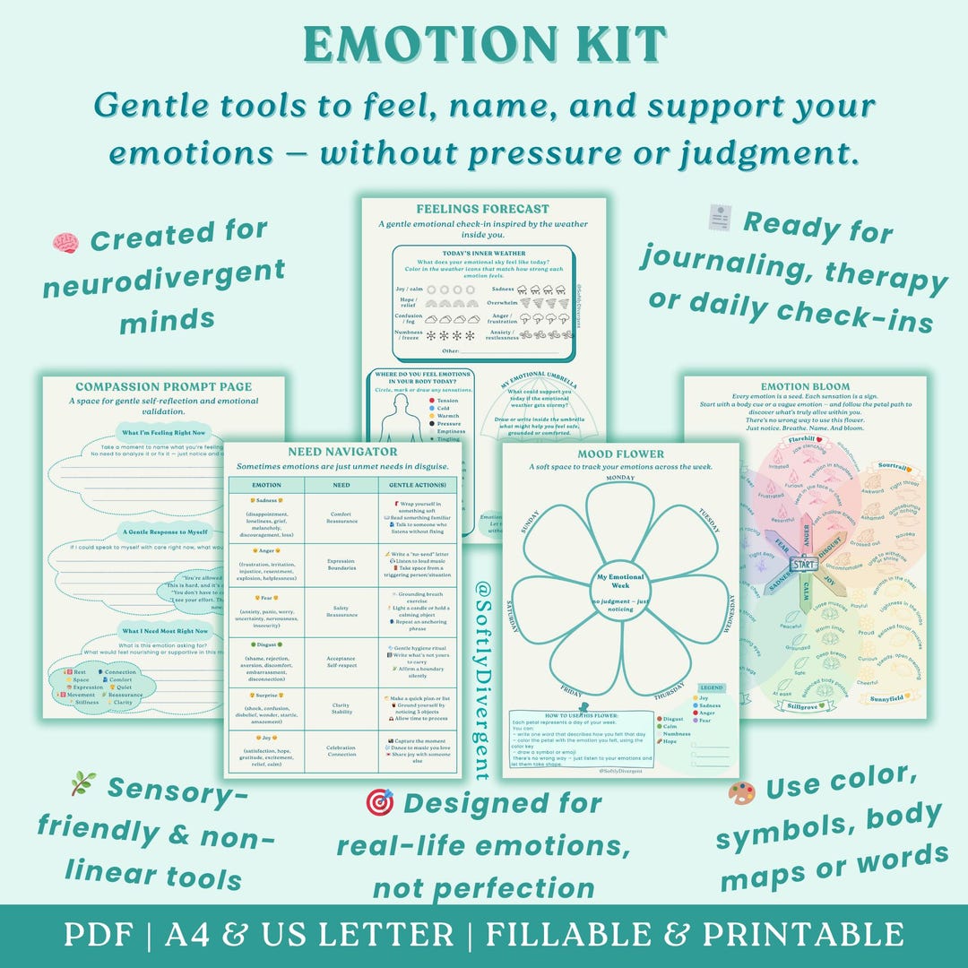 Neurodivergent Emotion Kit: Mood Tracker, Self-compassion Tools (A4 ...