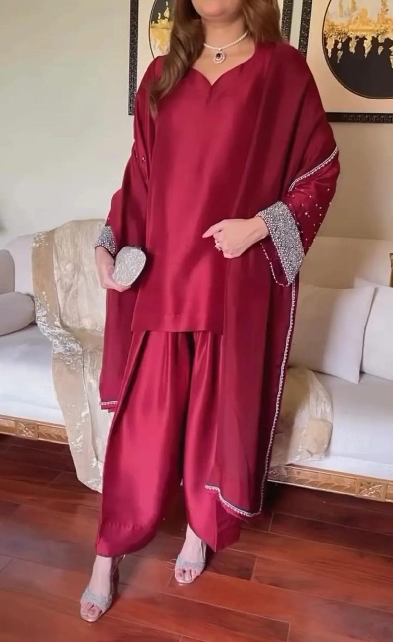 Cherry Red Charmeuse Silk Farshi Shalwar Dress: Pakistani Bridal Mehndi ...