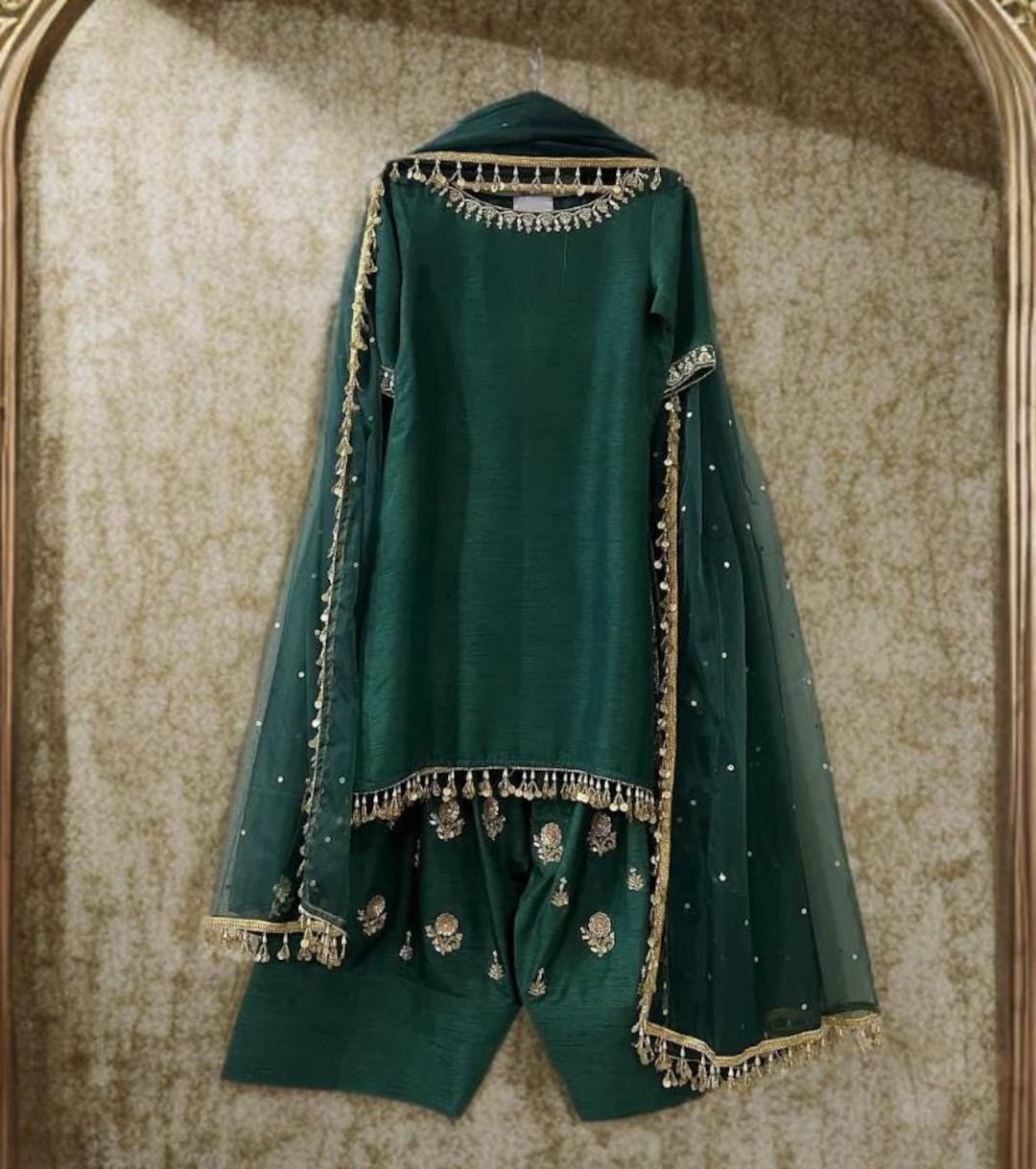 Emerald Green Silk Farshi Shalwar Suit: Embroidered Pakistani Wedding ...