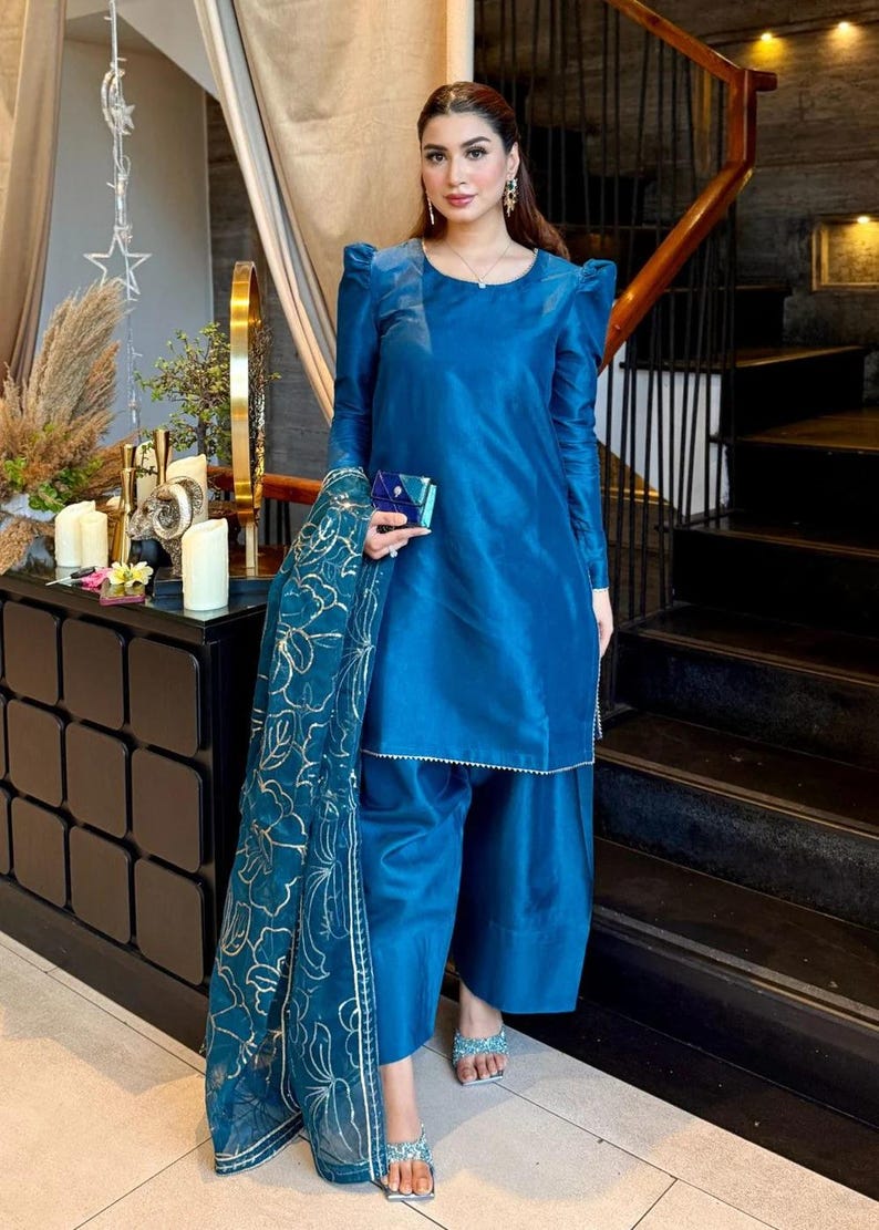 Teal Kattan Silk Shalwar Kameez: Embroidered Pakistani 3-piece Dress - Etsy