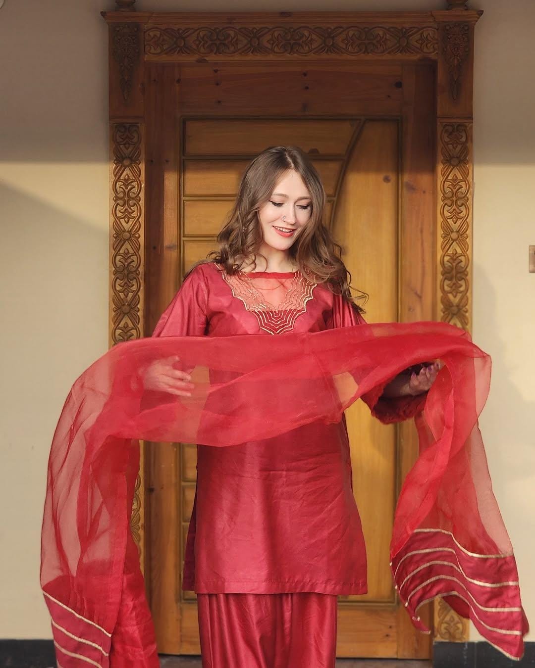 Maroon Farshi Shalwar Kameez: Adda Work Organza Dupatta, Pakistani ...