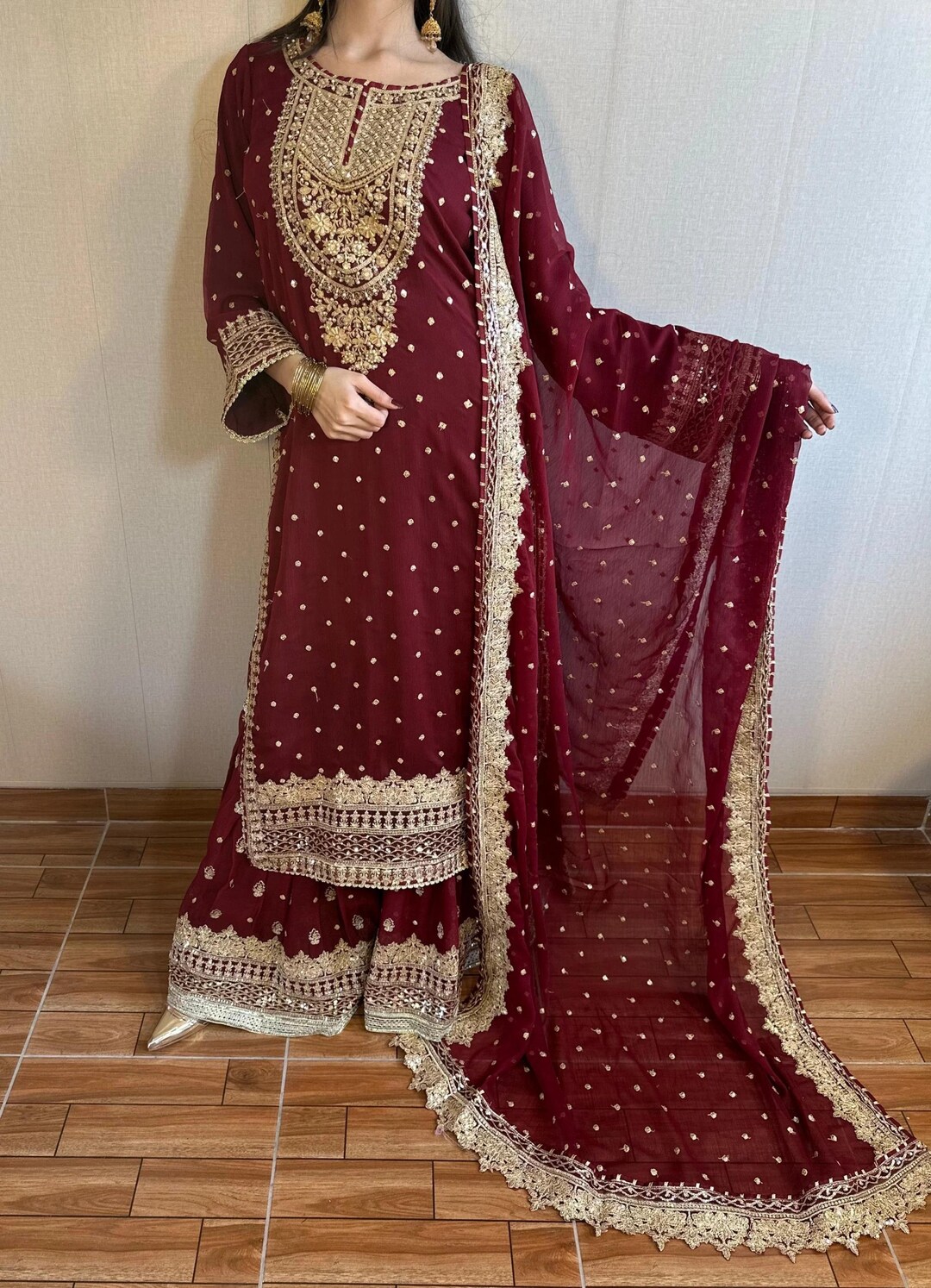 Maroon Gharara Suit | Embroidered Chiffon Pakistani Wedding Outfit - Etsy