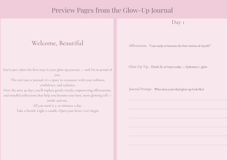 30-day Glow-up Journal | Self-care Digital Planner, Affirmation Journal ...