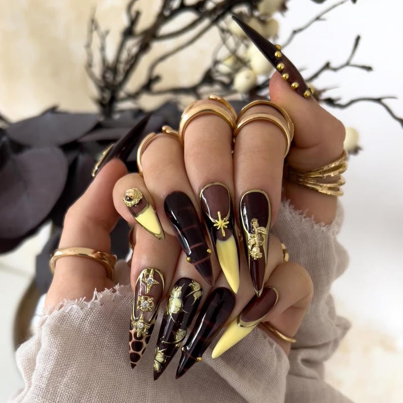 Brown Snake Print Press on Nails, 3D Rose and Gold Star Floral Nail Art ...