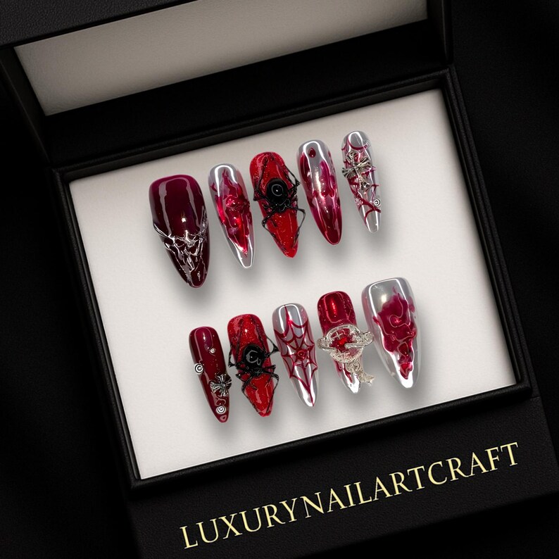 Uñas postizas de lujo negras y rojas / Diseño de araña de terror 3D ...