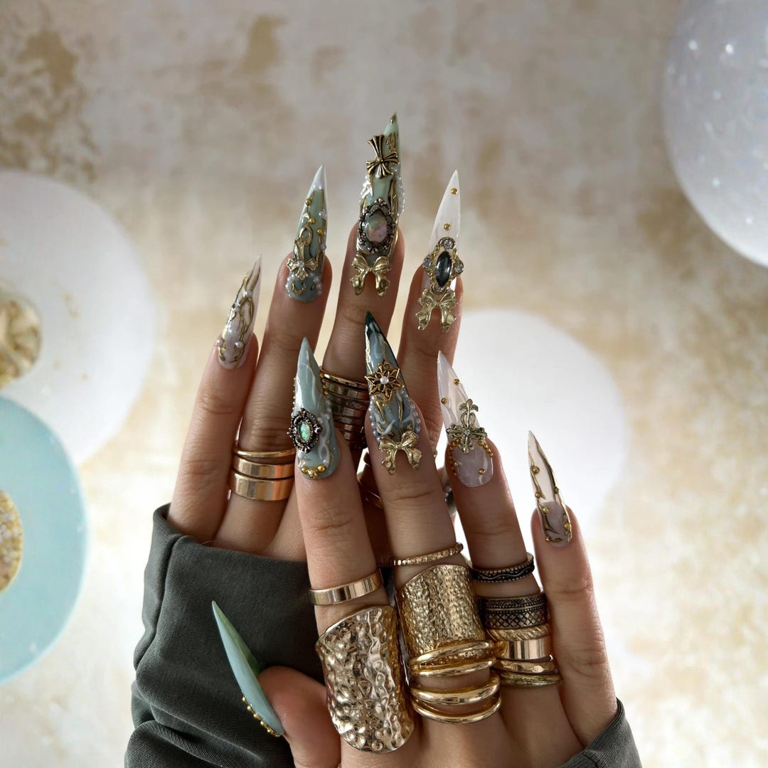 Ocean Crystal Press on Nails | Luxury Emerald and Black Crystal Nail ...