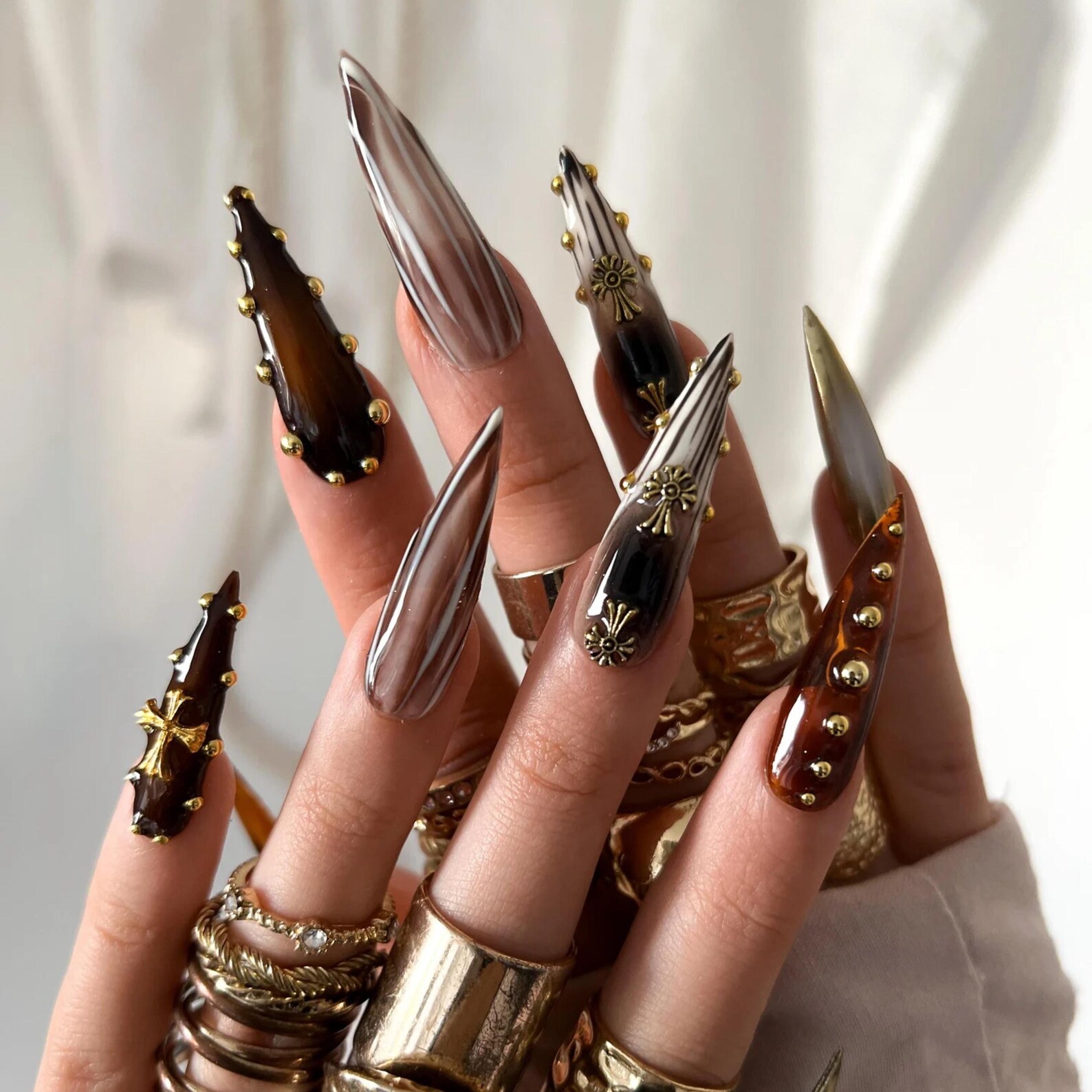 Gold Y2K Press on Nails, 3D Cross Rhinestone Nail Art With Brown ...