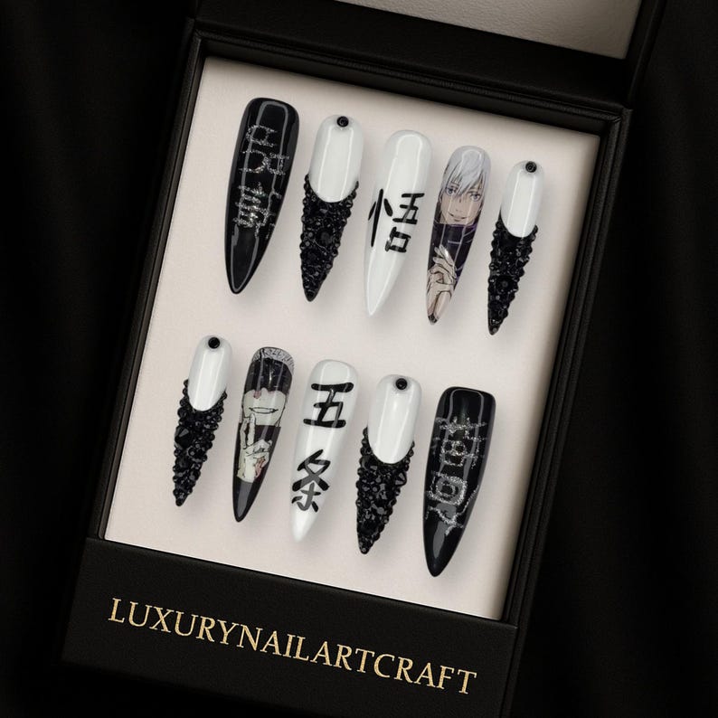Gojo Satoru Inspired JJK Anime Nails – Handmade Black & White ...