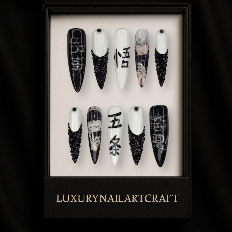 Gojo Satoru Inspired JJK Anime Nails – Handmade Black & White ...
