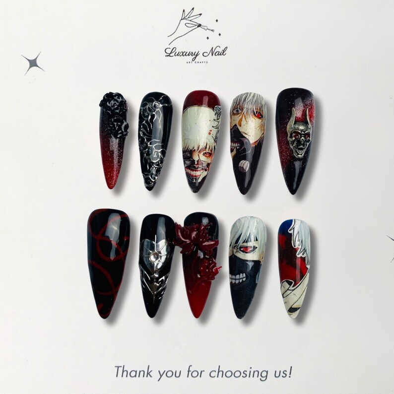 White Rebirth Press-on Nails / Kaneki-inspired Red & White Design With ...