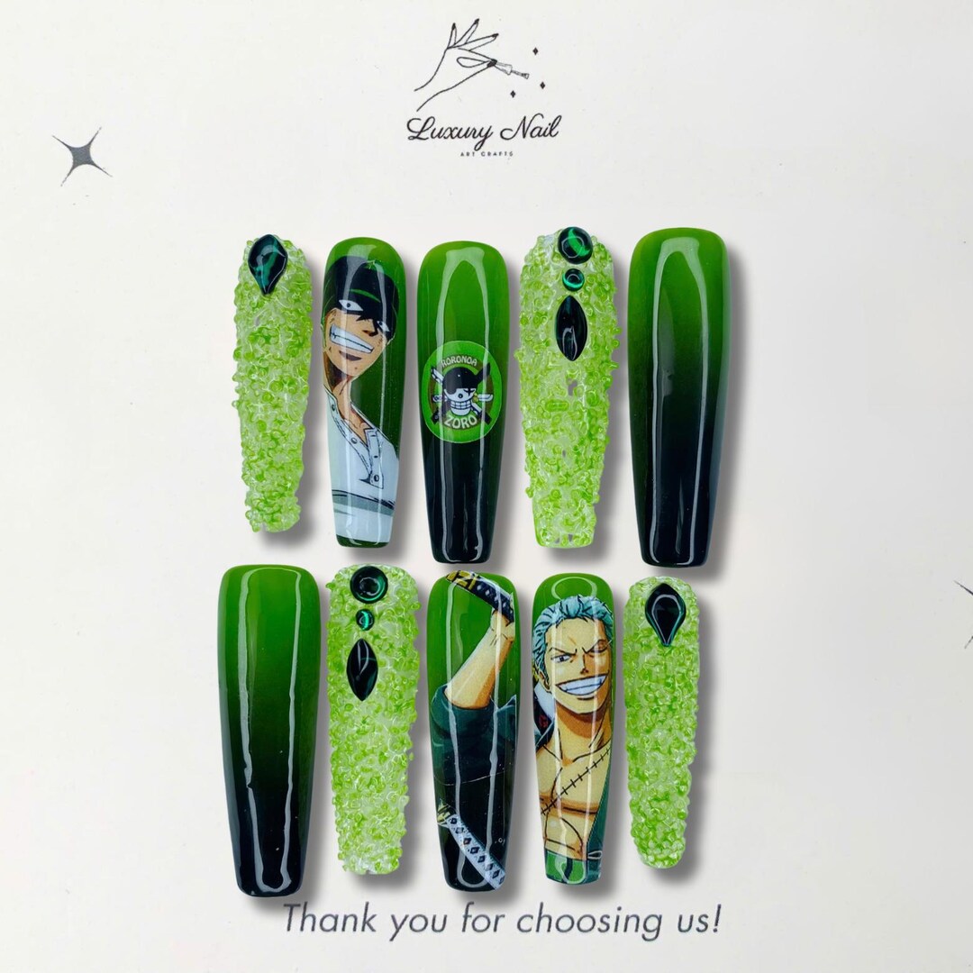 Zo.ro Pirate Nails Set – Handcrafted Fake Nails With Jade Green Stones ...