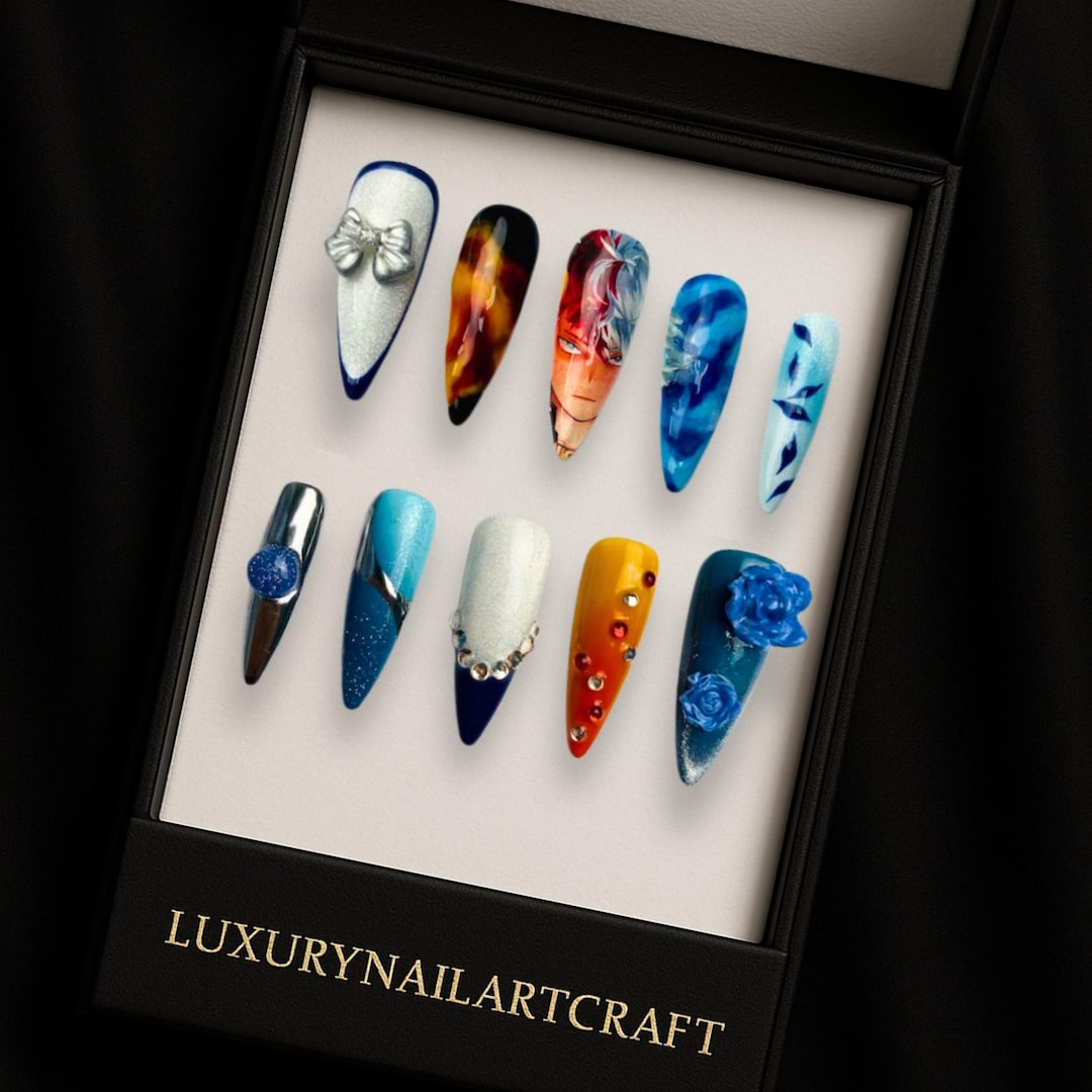 Todoroki Theme With Fire Ice Design - Dual Flame Press-on Nails, Fire ...
