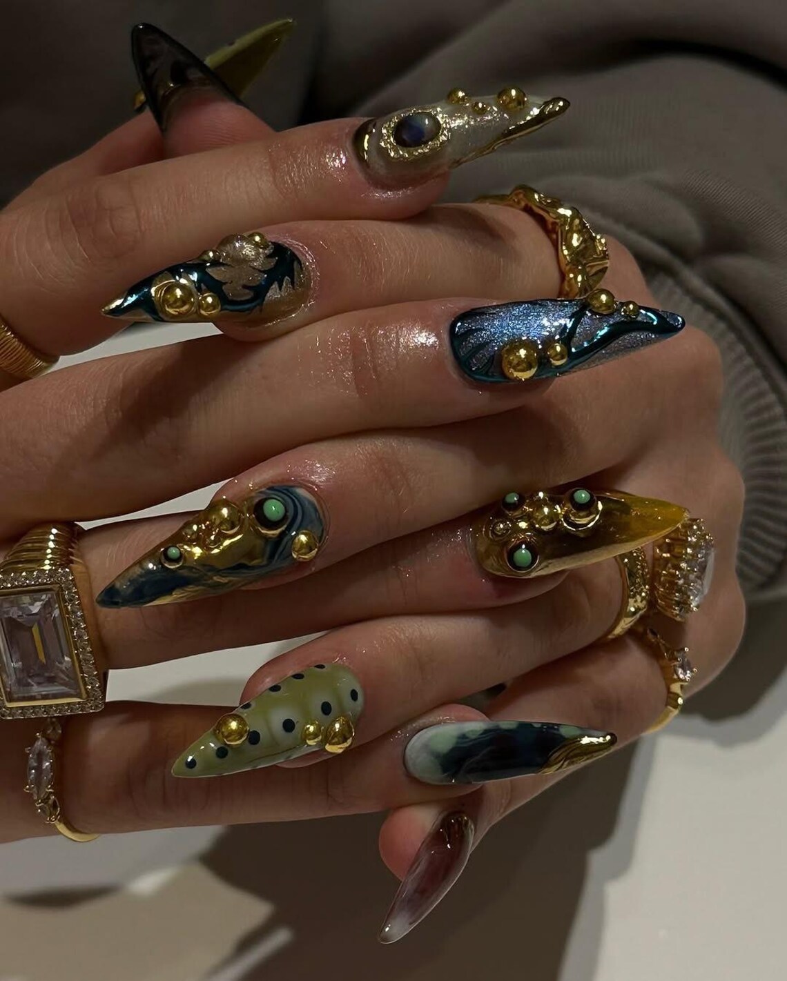 Gothic Blue Green Fall Press on Nails Long Stiletto Nails/gothic Nails ...