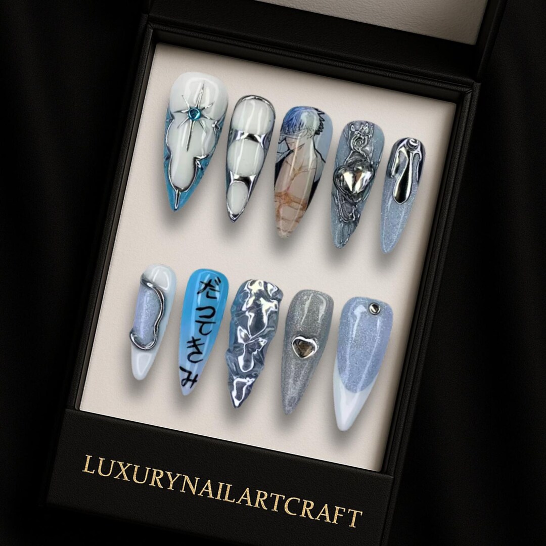 Sexy Warrior Press on Nails | Anime Inspired Blue White Nail Art ...
