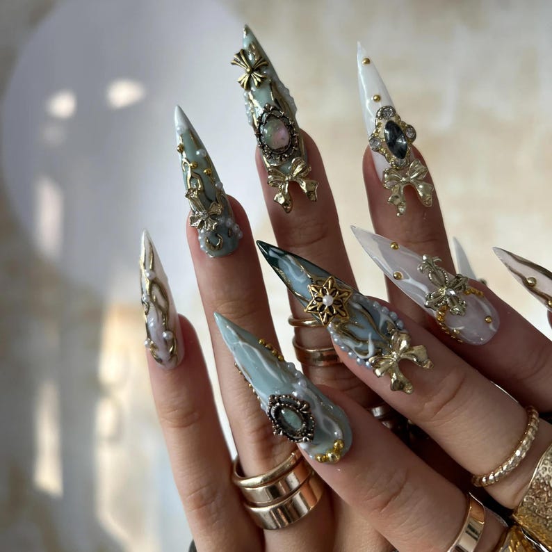 Ocean Crystal Press on Nails | Luxury Emerald and Black Crystal Nail ...