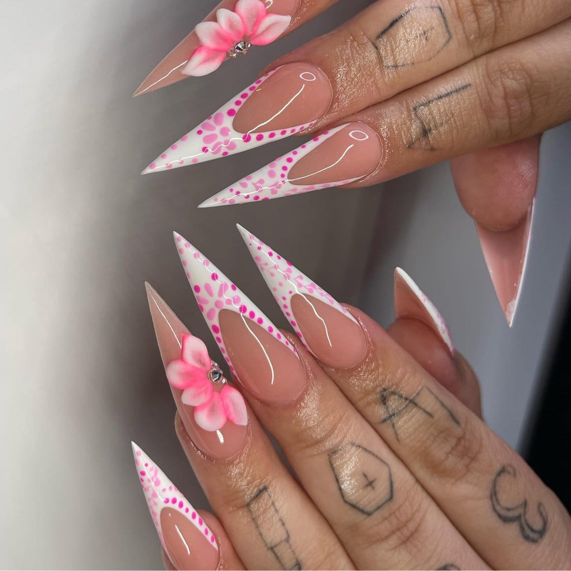 French Tip Press on Nails | 3D Floral Almond Nail Set | Floral Press on ...