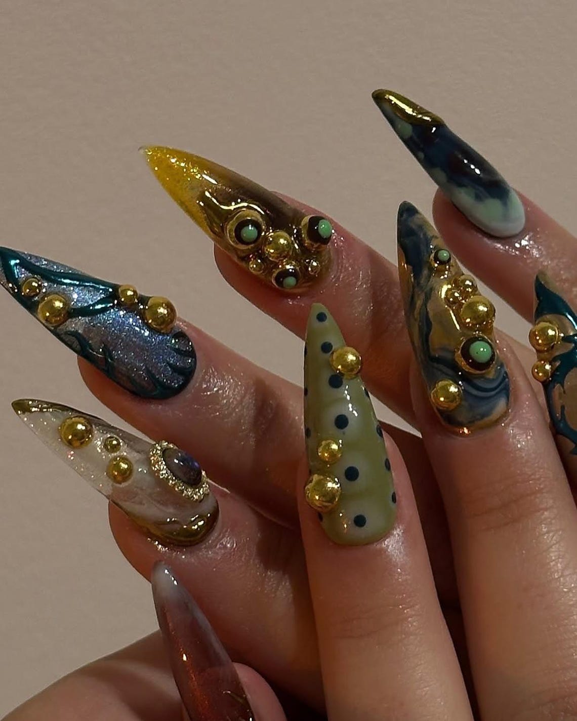 Gothic Blue Green Fall Press on Nails Long Stiletto Nails/gothic Nails ...