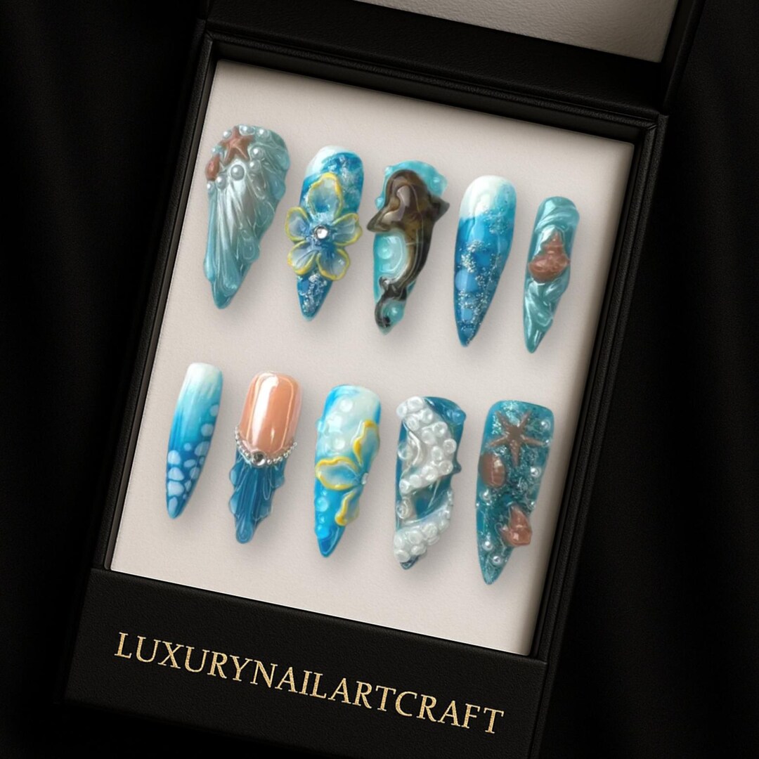 3D Whale Flower Press-on Nails – Handmade Ocean Sea Creature Nail Art ...