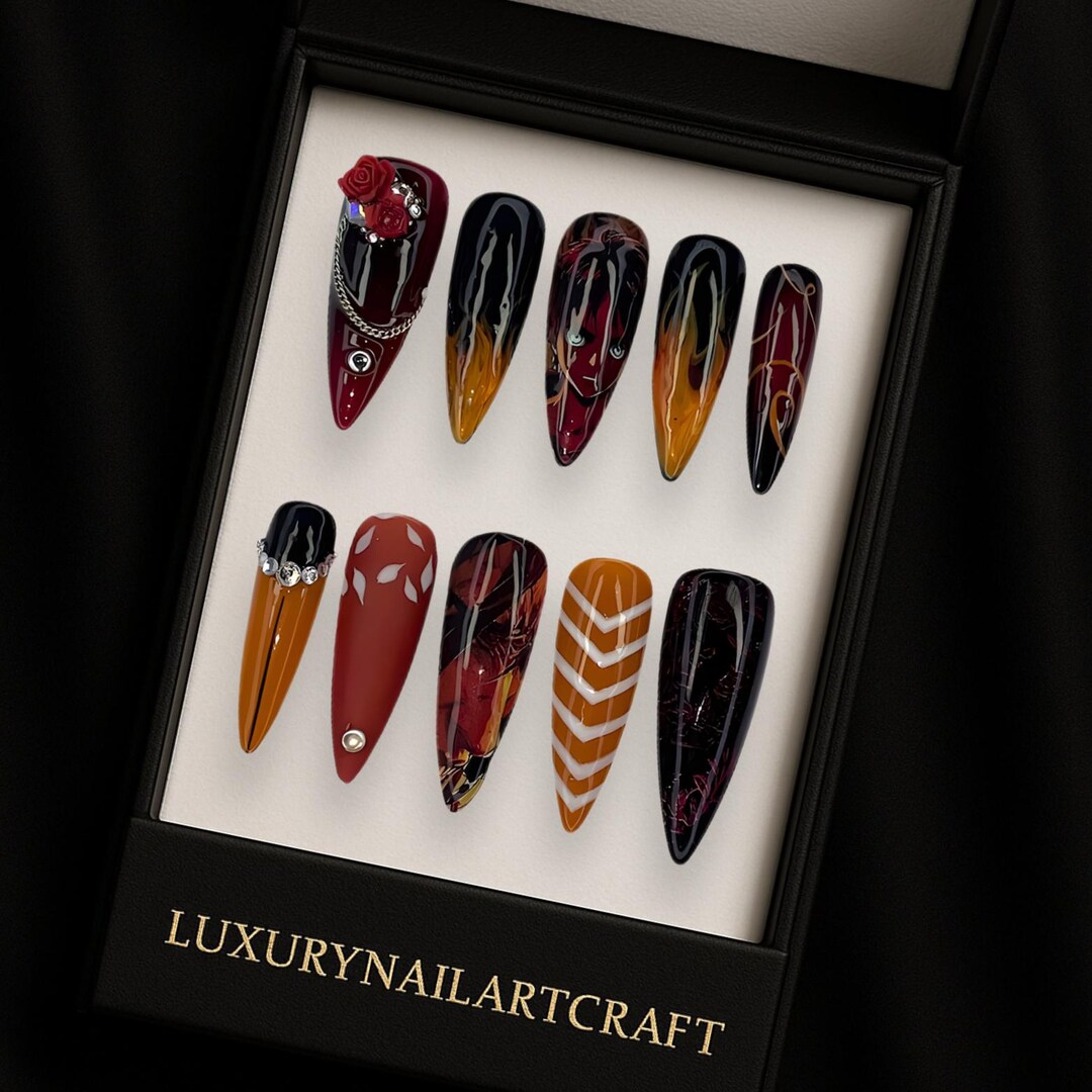 Eren Yeager Anime Press on Nails | Orange Flame Nails With 3D Rose ...