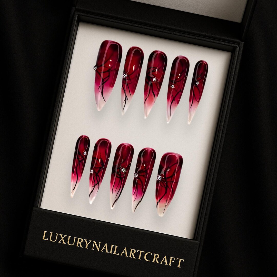 Handmade Horror Press on Nails: Red Black Devil Beard Design, Gothic ...
