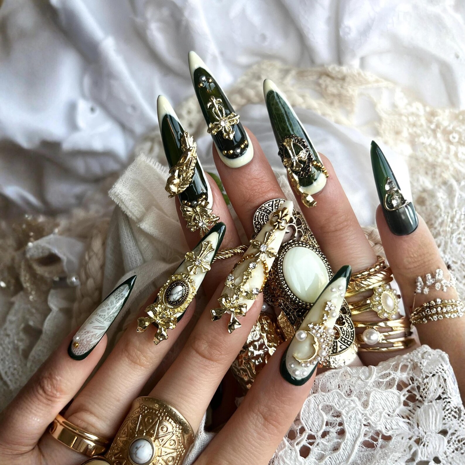 Milky Emerald Green Press on Nails, 3D Charm Nail Art With Gold Cross ...